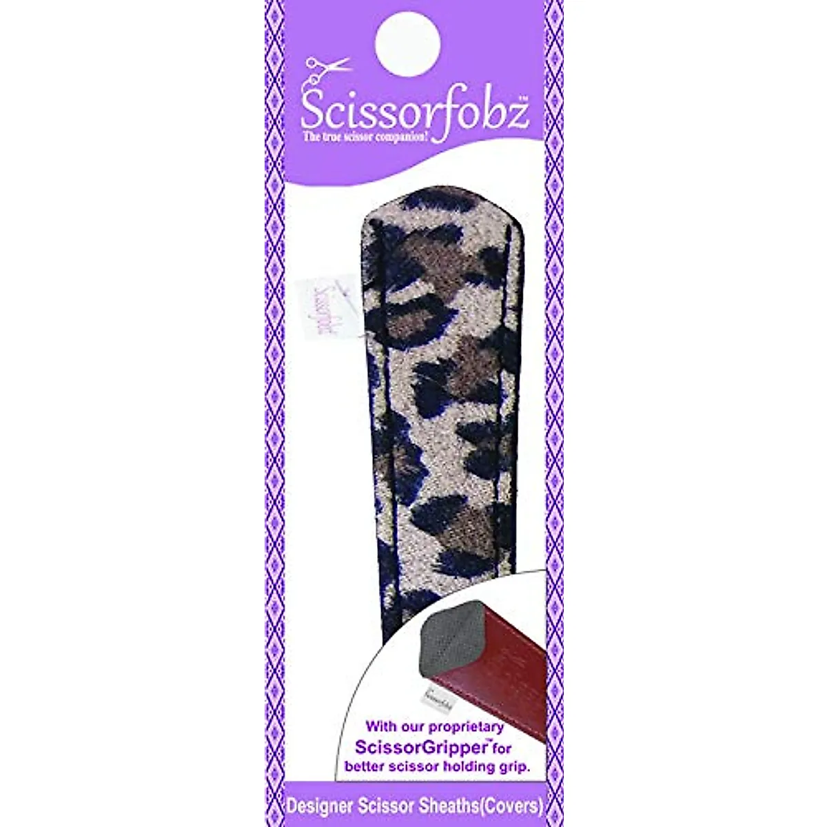 Scissors sheaths by SCISSORFOBZ with ScissorGripper for Embroidery, Micro Scissors-Designer Scissors Covers Holders - Microsuede Leopard Print - S-388-FB