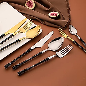 Snplowum 24 Piece (6 Set) Imitation marble Handle Cutlery, Stainless Steel Head Flatware Set For Home Wedding Dinner, Mirror & Modern Knife Fork Tea Spoon Utensils Set -- Black Silver