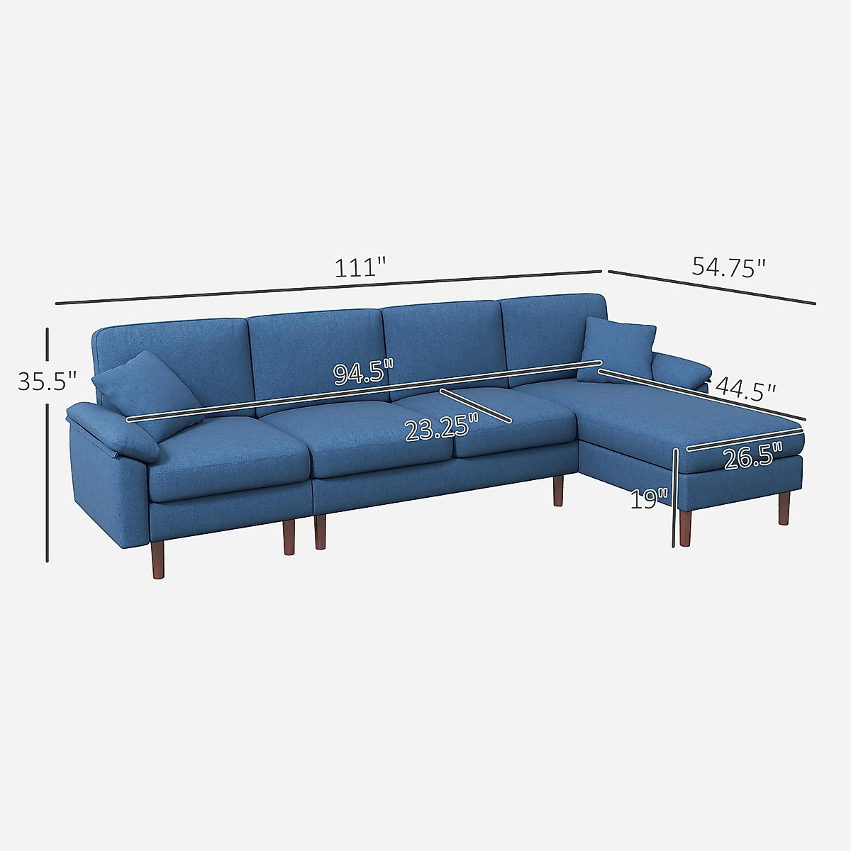 HOMCOM Fabric Sectional Couch with Reversible Sleeper Sofa, Modern L Shaped Sectional Sofa with Pillows, Wooden Legs for Living Room, Apartment and Office, Blue