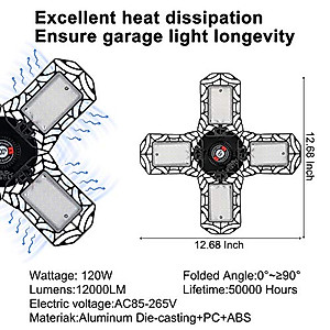 Garage Lights Ceiling LED, Deformable Garage LED Bulb Light 120W 12000 Lumen E26 with 4 Adjustable LED Panels for Shop Light Warehouse, Barn, Workshop and Yard (NO Motion Activated) (Aluminum(1 Pack))