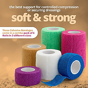 6 Pack, Self Adherent Cohesive Tape - 1" 2" 3" x 5 Yards Combo Pack, Self Adhesive Bandage Rolls & Sports Athletic Wrap for Ankle, Wrist, Sprains and Swelling, Vet Wraps in Neon Colors