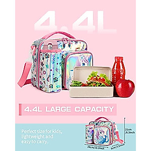 IvyH Kids Lunch Bag with Bottle Holder, Children Lunch Box with 3 Compartments, Unicorn Girls Insulated Lunchbox Bag Tote for School Travel Snacks Carrier, Pink