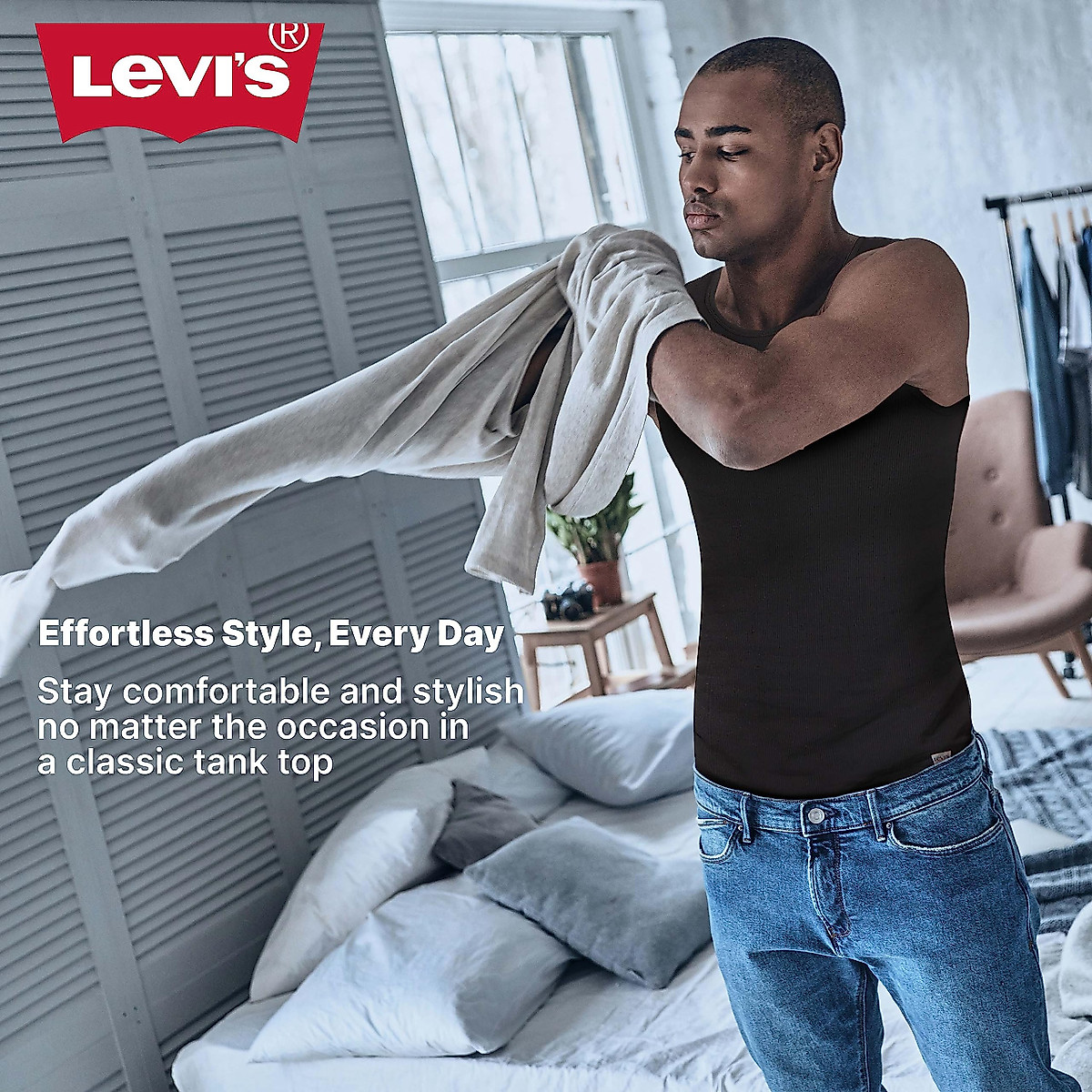 Levi's Tank Tops for Men, Ribbed Cotton Mens Undershirts 2 White/Grey/2 Black