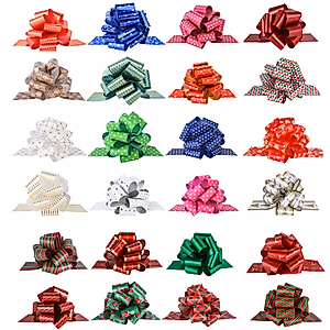 PintreeLand 24PCS Christmas Wrap Pull Bows with Ribbon 5” Wide Wrapping Accessory for Xmas Present, Gift, Florist, Bouquet, Basket(24 PCS)