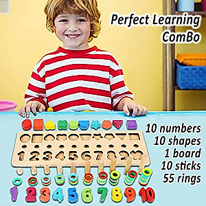 CozyBomb Wooden Number Puzzle Sorting Montessori Toys for 1 Year Old Toddlers - Shape Sorter Counting Game for age 3 4 5 year olds - Preschool Education Math Stacking Block Learning Wood Chunky Jigsaw