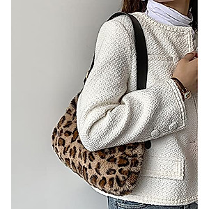 RARITYUS Women Plush Leopard Cow Print Underarm Bag Fashion Faux Fur Tote Bag Clutch Handbag with PU Strap