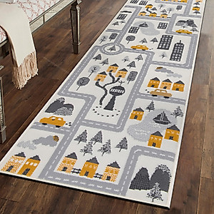 Rugshop Kids Play Road Rug for Playroom,Kidsoom,Nursery Room Interactive Cityscape for Cars and Toys Indoor Soft Runner Rug 2'x7' Cream