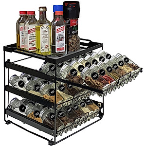 Artibear Spice Rack Organizer with Mesh Drawer for Kitchen Cabinet, 3-Tier Seasoning Storage Holder for Pantry Countertop, Matte Black (Jars Not Included)