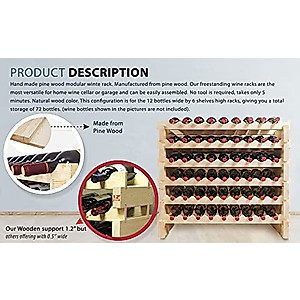 DisplayGifts Modular Stackable Wine Rack Freestanding Wooden Wine Stand Storage Holder, For Basement Pantry Room Wine Cellar or tight space, Wobble-Free 36 Bottle Capacity 6 X 6 Rows (Unfinished Wood)