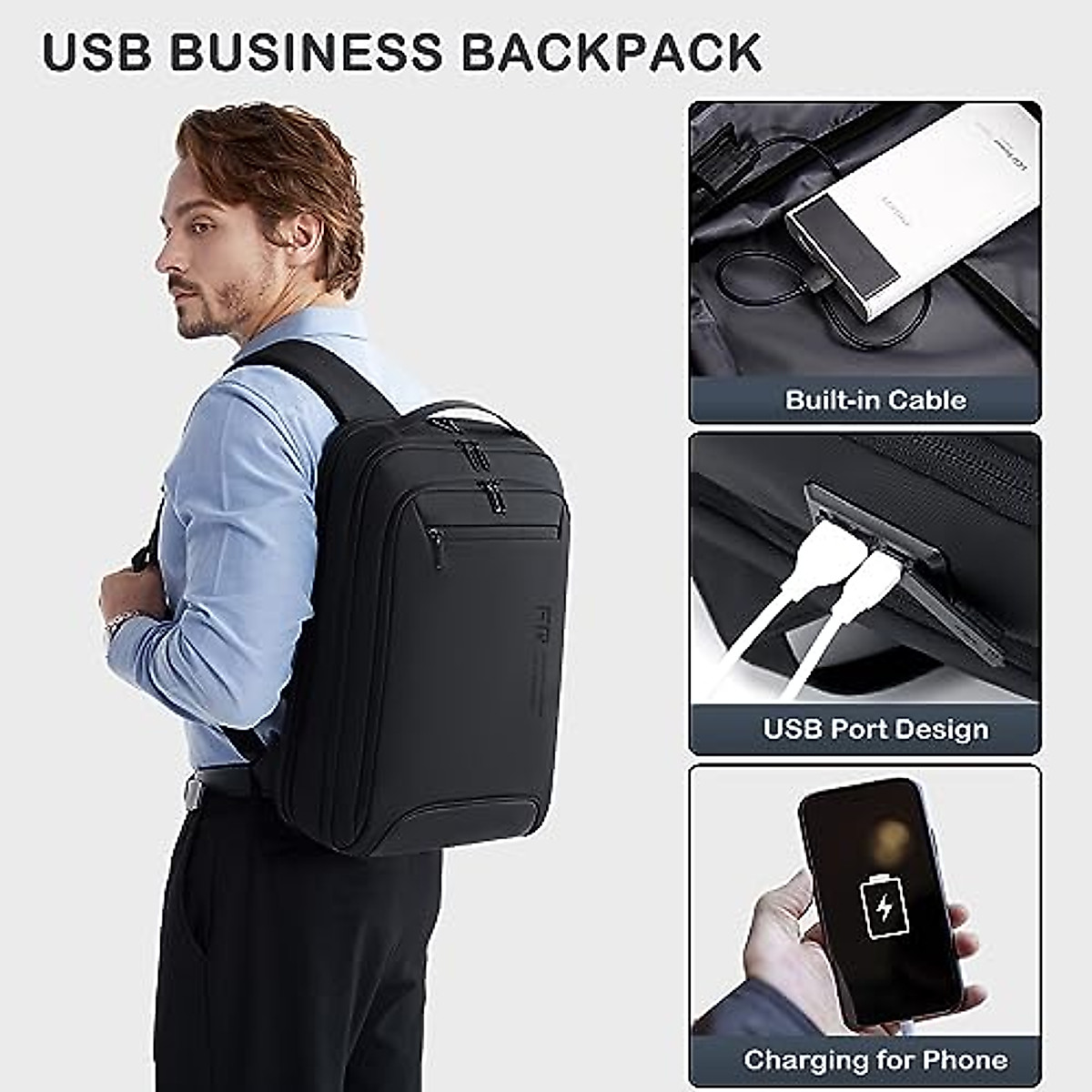 FENRUIEN Business Travel Backpack for Men, USB Laptop Backpack Slim Lightweight Water Resistant Work/College 15.6 Inch Computer Backpack