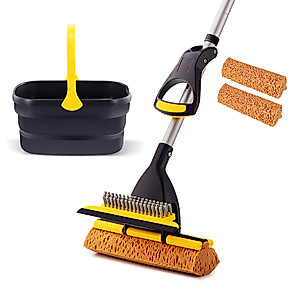 Yocada Collapsible Plastic Bucket Mop Bucket and Sponge Mop Kit Home Commercial Tile Floor Bathroom Garage Cleaning with Total 2 Sponge Heads Telescopic 42.5-52 Inches Easily Dry Wringing Yellow
