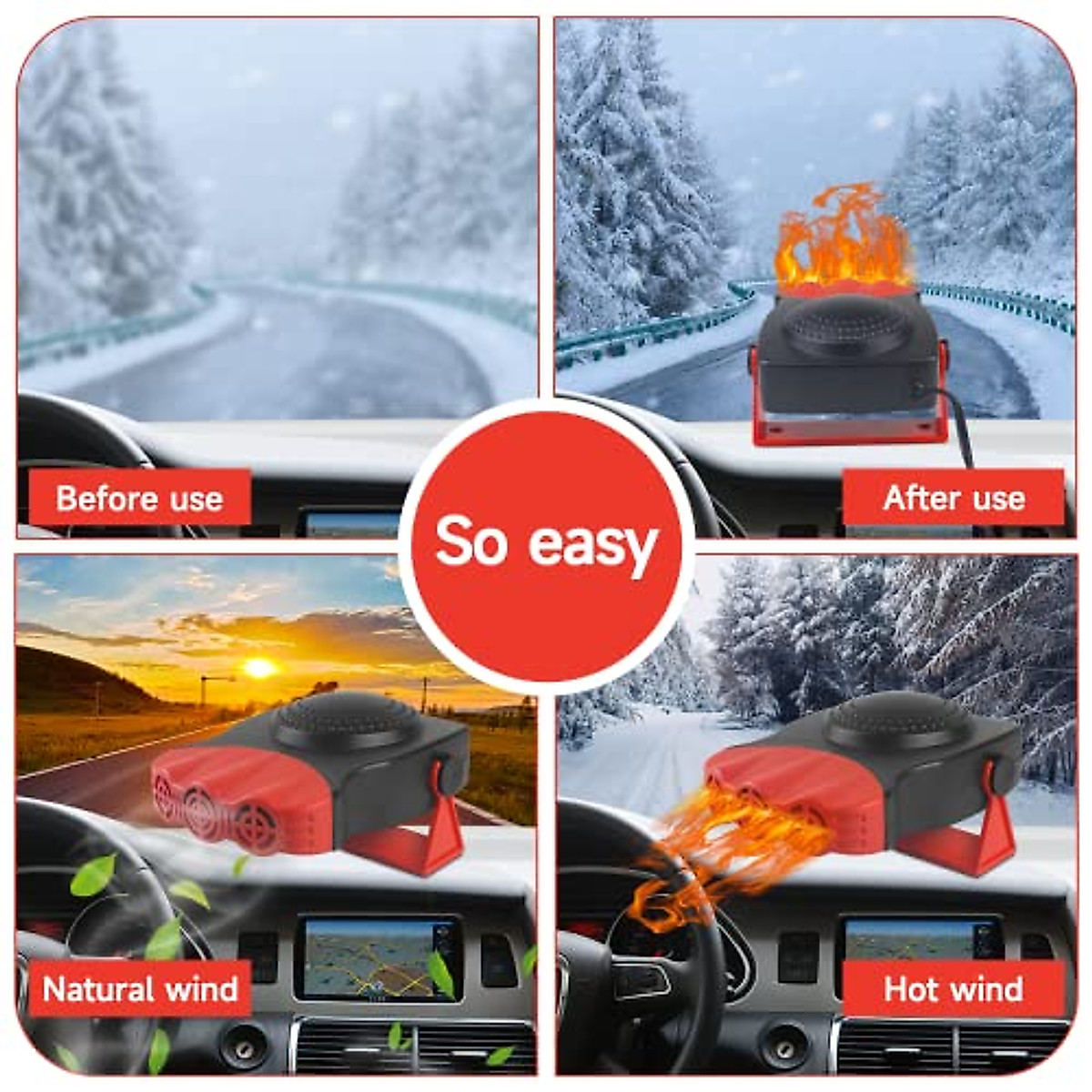 Car Heater, 12V 150W Automobile Windscreen Fan Function for Quickly Defrost Defogger Demister Vehicle Heater, with 3-Outlet Plug in Cigarette Lighter 2 in 1 Fast Heating/Cooling
