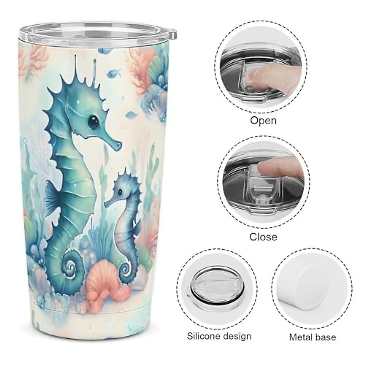 KIOWEIR Cute Seahorse Stainless Steel Tumbler 20oz With Lid And Straw, Insulated Tumblers Coffee Cup, Travel Mug for Ice Drink & Hot Beverage for Women Men Boys Girls