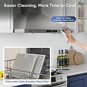 VIKIO HOME Wall Mount Range Hood 30 inch, 580 CFM, Ducted/Ductless Convertible, Stainless Steel Kitchen Vent Hood with 3-Speed Fan and LED Lights