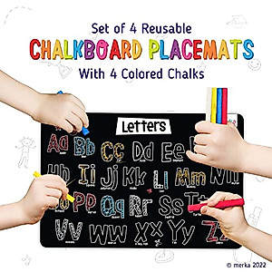 merka Coloring Placemats for Kids Placemats Kids Coloring Placemats Set of 4 Reusable Mats with 4 Colored Chalks Spaceships Astronauts and The Alphabet