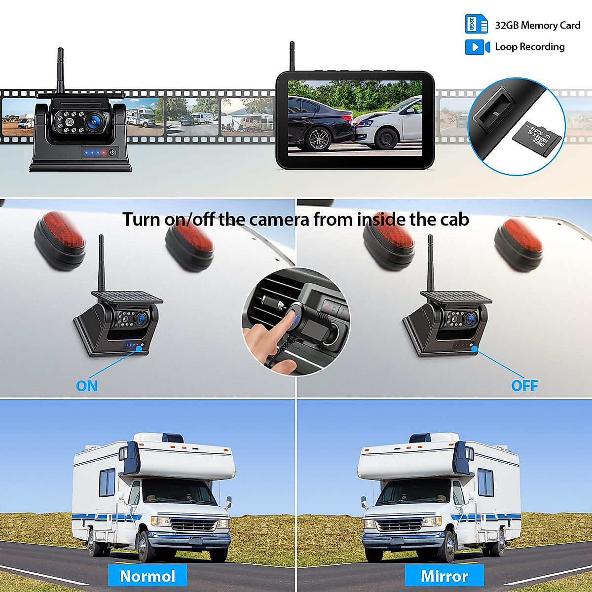 Magnetic Solar Wireless Backup Camera 1080P 7" DVR Monitor, Rechargeable RV Camera Wireless System for Hitch Towing Travel RV Camper 5th Wheel, Built-in 9600mAh Battery & Solar Panel -ZEROXCLUB BD701