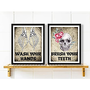 Roxbury Row Goth Bathroom Decor | Skeleton Decor, Skull Decor | Funny Bathroom Signs, Floral Skull Bathroom Decor Sets | Halloween Bathroom Decor Set (Unframed Prints) (Set of 3: Wash/Brush/Flush)