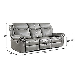 Lexicon Braelyn Faux Leather Double Reclining Sofa with Center Drop-Down Cup Holders, Receptacles, Hidden Drawer and USB Ports, 88.5" W, Gray