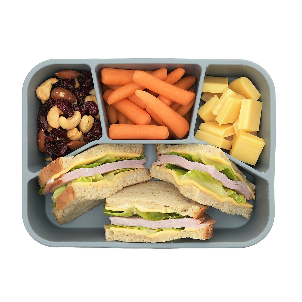 VitalityEXO Eco Friendly 4 Compartment Silicone Lunch Box for Adults and Kids Microwave Dishwasher and Freezer Safe with Separate Compartments Leakproof BPA-Free PVC-Free Bento Box (GREY)