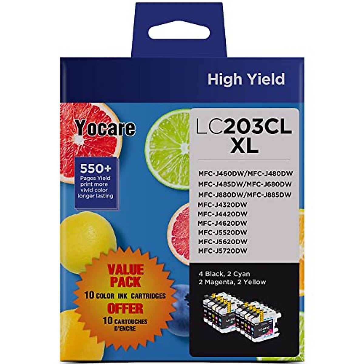 LC203XL 10 Combo Pack Ink Cartridges Compatible with Brother LC203 XL High Yield Cartridges to use with MFC-J480DW MFC-J880DW MFC-J4420DW MFC-J680DW MFC-J885DW (4 Black, 2 Cyan, 2 Magenta, 2 Yellow)