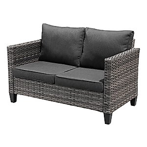 ovios Patio Loveseat, 2-Seater Outdoor Wicker Sofa Couch with Comfy Cushions, All Weather High Back Deep Patio Seating Rattan Love Seat for Porch Deck Balcony, Black