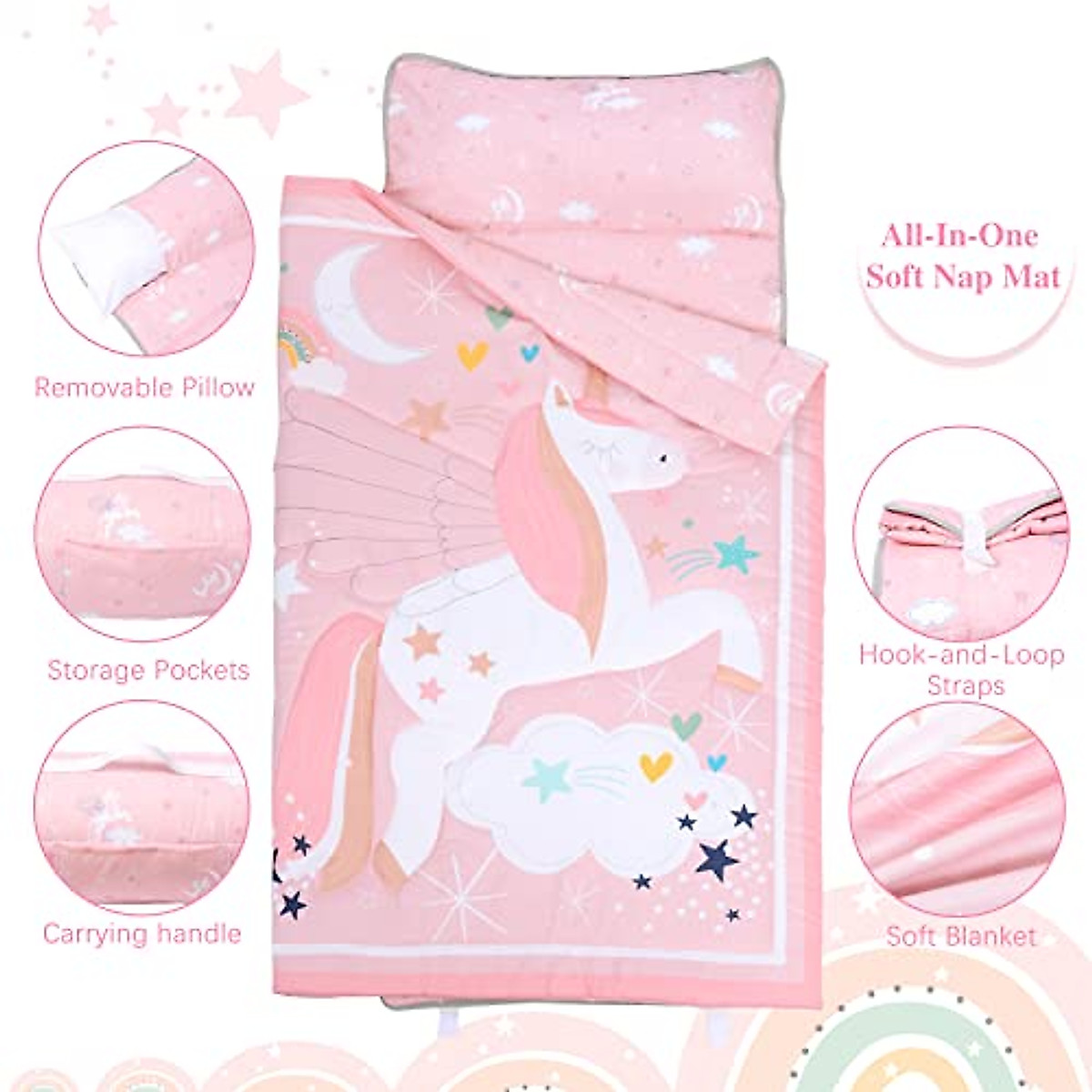 Poemuphi Toddler Nap Mat - Magical Unicorn Design with Removable Pillow and Soft Blanket, Slumber Bag for Girls' Daycare, Preschool, Travel, and Camping