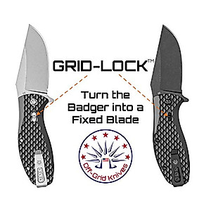 Off-Grid Knives - Badger EDC Knife, Cryo D2 Blade Steel, Grippy G10 Scales, Safety Grid-Lock, Reversible Tip-Up Deep Pocket Clip (Blackwash)