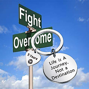 BEKECH Sober Gift Sobriety Anniversary Keychain Life is A Journey Not A Destination 1 Month 6 Months 1 Year 2 Years 3 Year AA Yearly Recovery Jewelry Gift for Women Men (silver 5years)