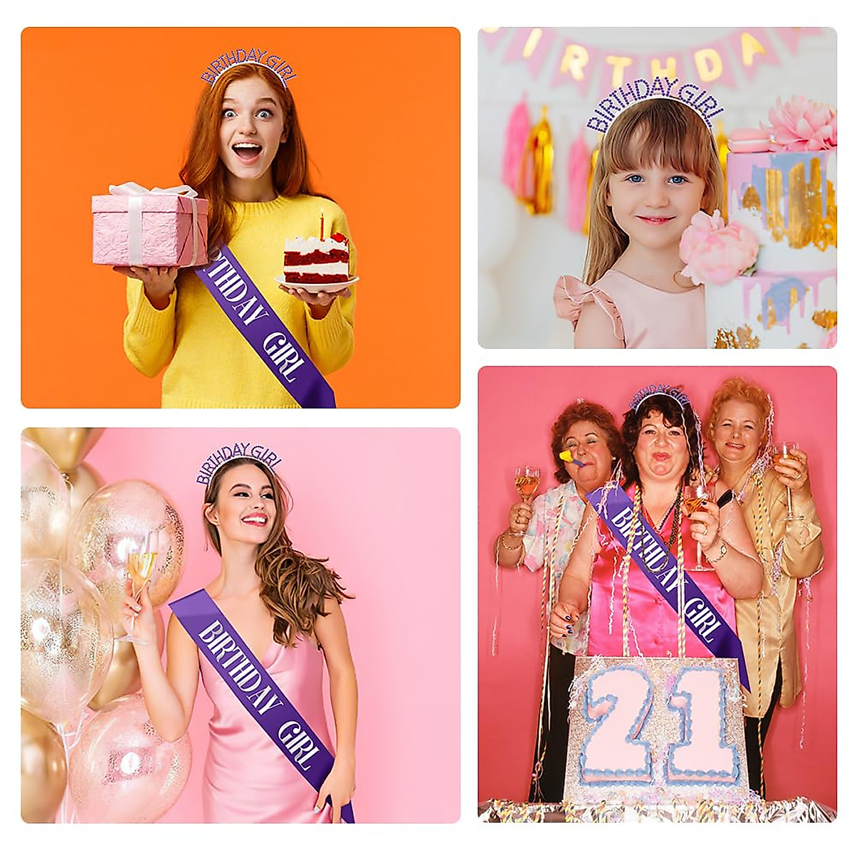 Birthday Sash Birthday Crown for Women, Birthday Girl Sash, Birthday Girl Crown, Purple Birthday Sash and Crown Rhinestone Headband Set, Happy Birthday Girl Princess Tiara Sash Accessories Gifts