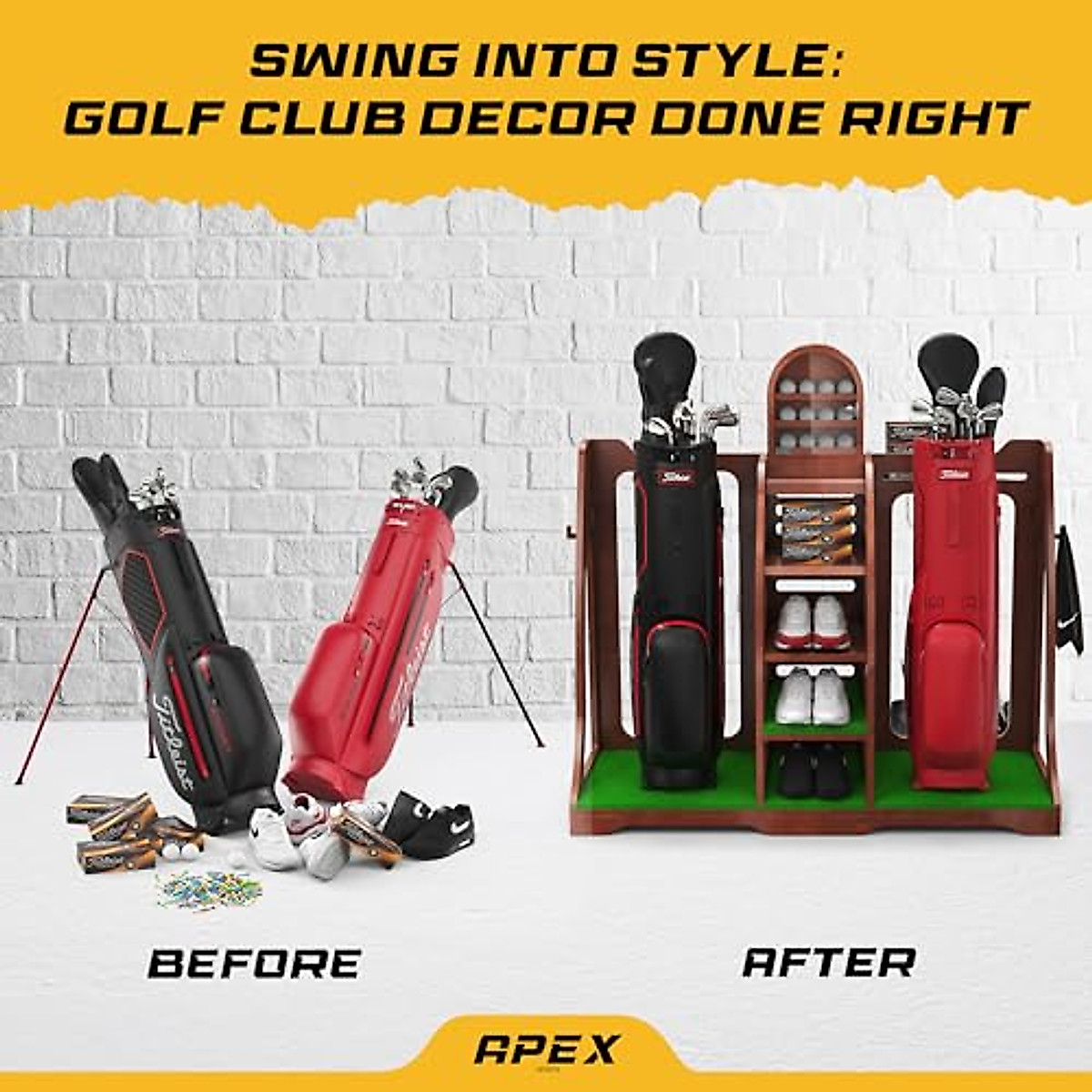 Apex Sports Golf Bag Organizer - Handcrafted Wood Design, Bag Stand, Ball Display, Storage Shelves, Garage Rack (Cherry)