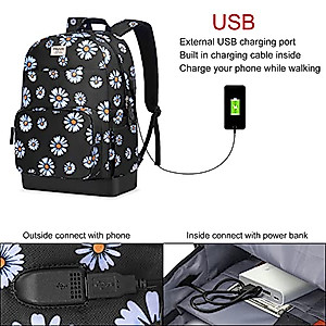 MOSISO 15.6-16 inch 20L Laptop Backpack for Women Girls, Polyester Anti-Theft Stylish Casual Daypack Bag with Luggage Strap & USB Charging Port, Camomile Travel Business College School Bookbag, Black