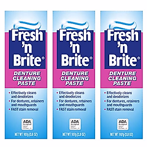 Fresh 'n Brite Denture Cleaning Paste For Dentures, Removable Partial Dentures, Retainers, Mouthguards, Nightguards, Fast Stain Removal, pack of 3, 3.8 oz Tubes