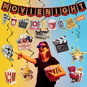 SKIRUP 18 Pieces Movie Night Decorations Party Decorations Kit movie night Banner Hanging Swirls Movie Theater Themed for Bridal Shower Birthday Party Supplies Film Backdrop