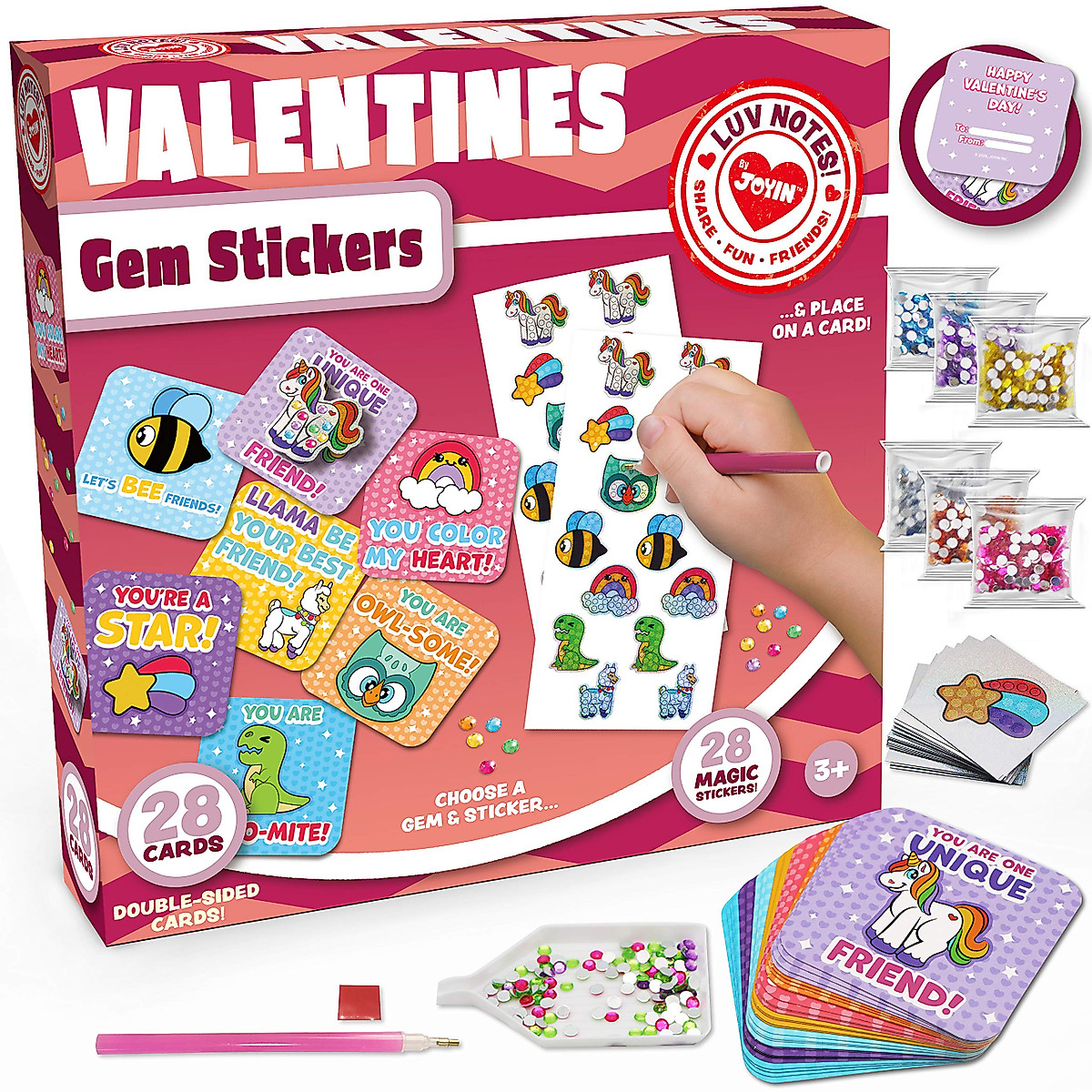 JOYIN 28 Packs Valentine Cards with Gem Diamond Painting Kits Make Your Own Stickers, Valentine's Day DIY Craft, Classroom Exchange Gifts and Prizes, Valentines Greeting Cards Diamond Art for Kids