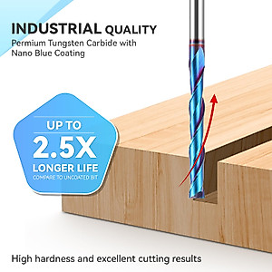 HQMaster Extra Long Spiral Router Bit 1/4 Inch Shank Solid Carbide CNC Router Bit with Nano Blue Coating End Mill for Wood Cut, Carving