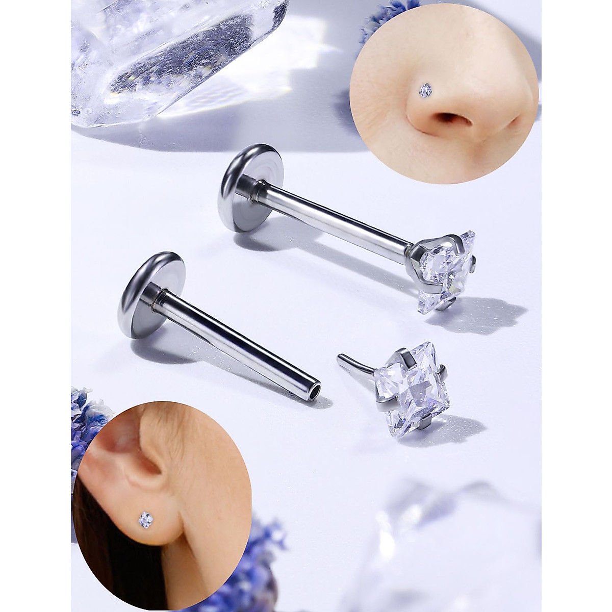 Pnsgisr Flat Back Stud Earrings 20g Straight Push In Threadless Nose Rings Hypoallergenic Surgical Steel 18g 18 Gauge Nap Flatback Cartilage Forward Helix Tragus Conch Piercing Jewelry for Women Men