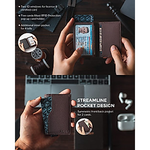 VULKIT Card Holder Wallet for Mens with ID Windows RFID Blocking Pop Up Wallet Slim Leather Wallet Holds Up to 12 Cards Men's Card Case, Dark Brown