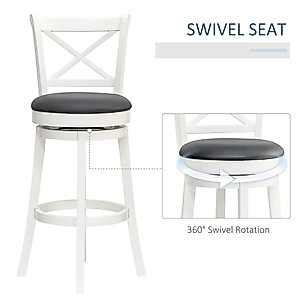 HOMCOM Traditional Bar Stool, 31 Inch Seat Height Barstool, Swivel PU Leather Upholstered Chair, with Cross Back and Rubberwood Frame, Cream White