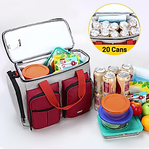 MIER Lunch Box for Men Heavy Duty 20 Cans Large Insulated Lunch Bag Leakproof Soft Cooler Bags with Multiple Pockets for Adult Women Work (Grey/Red, Large)
