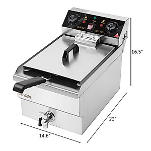 ROVSUN 12.5QT Electric Deep Fryer w/Frying Basket, Timer, Drain, & Lid, Stainless Steel Commercial Countertop Single Tank Oil Fryer, Adjustable Temperature, for French Fries Onion Rings, 1700W
