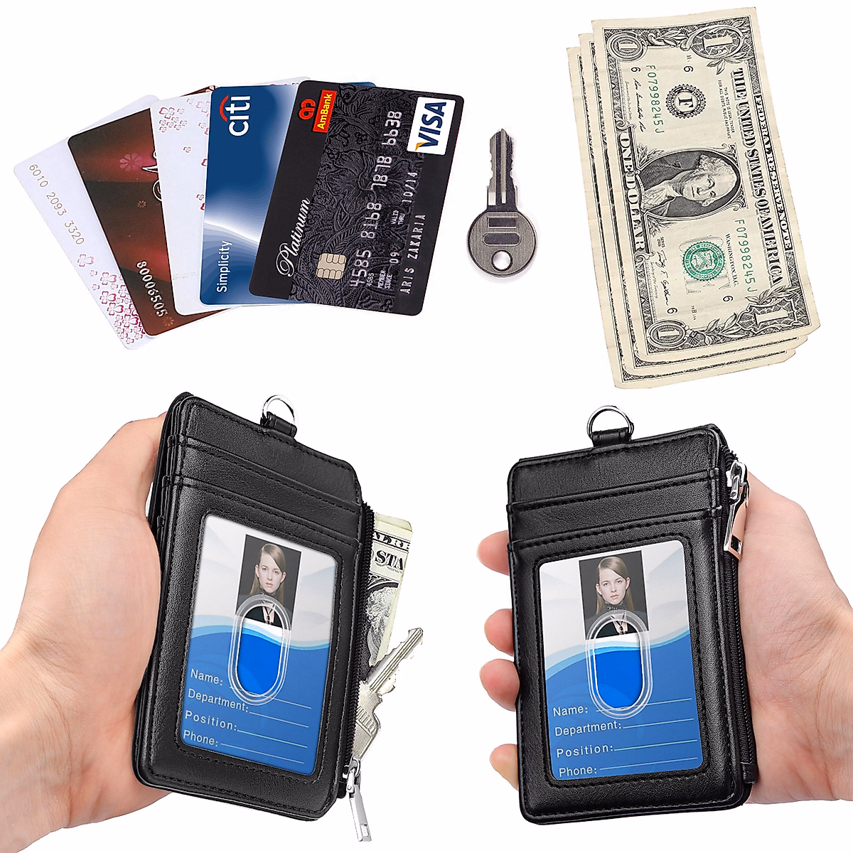 ELV Badge Holder with Zipper, PU Leather ID Badge Card Holder Wallet with 5 Card Slots, 1 Side RFID Blocking Pocket and 20 inch Neck Lanyard Strap for Offices ID, School ID, Driver Licence (Black)