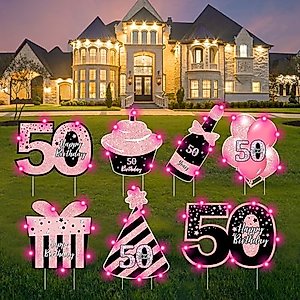 ComboJoy 50th Birthday Decorations For Women - 7 PCS Black & Pink 50 Birthday Yard Signs with Stakes,Sparkling At Night - Outdoor Lawn Decorations