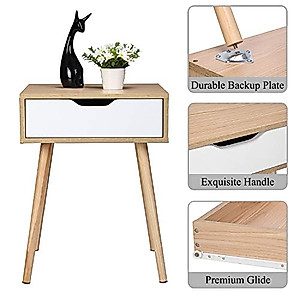 Bonnlo Wood&White Nightstands Set of 2 End Side Table with Spacious Drawer & Solid Wood Legs for Livingroom, Bedroom, Dorm