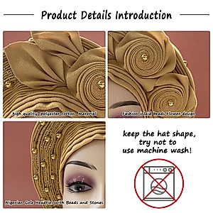 QliHut White Nigerian Gele Headtie African Head Wraps Aso Oke Gele Already Made Auto Gele African Turban Cap For Party (Gold)