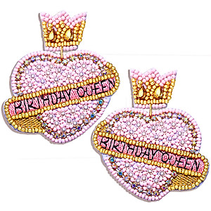 CEALXHENY Beaded Birthday Earrings for Women Delicate Birthday Queen Heart Drop Dangle Earrings Statement Handmade Birthday Party Jewelry Gifts (Pink)