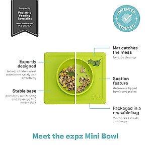 ezpz Mini Bowl for 12 Months+ (Lime) - 100% Silicone Suction Bowl with Built-in Placemat for Toddlers - Comes with a Reusable Travel Bag