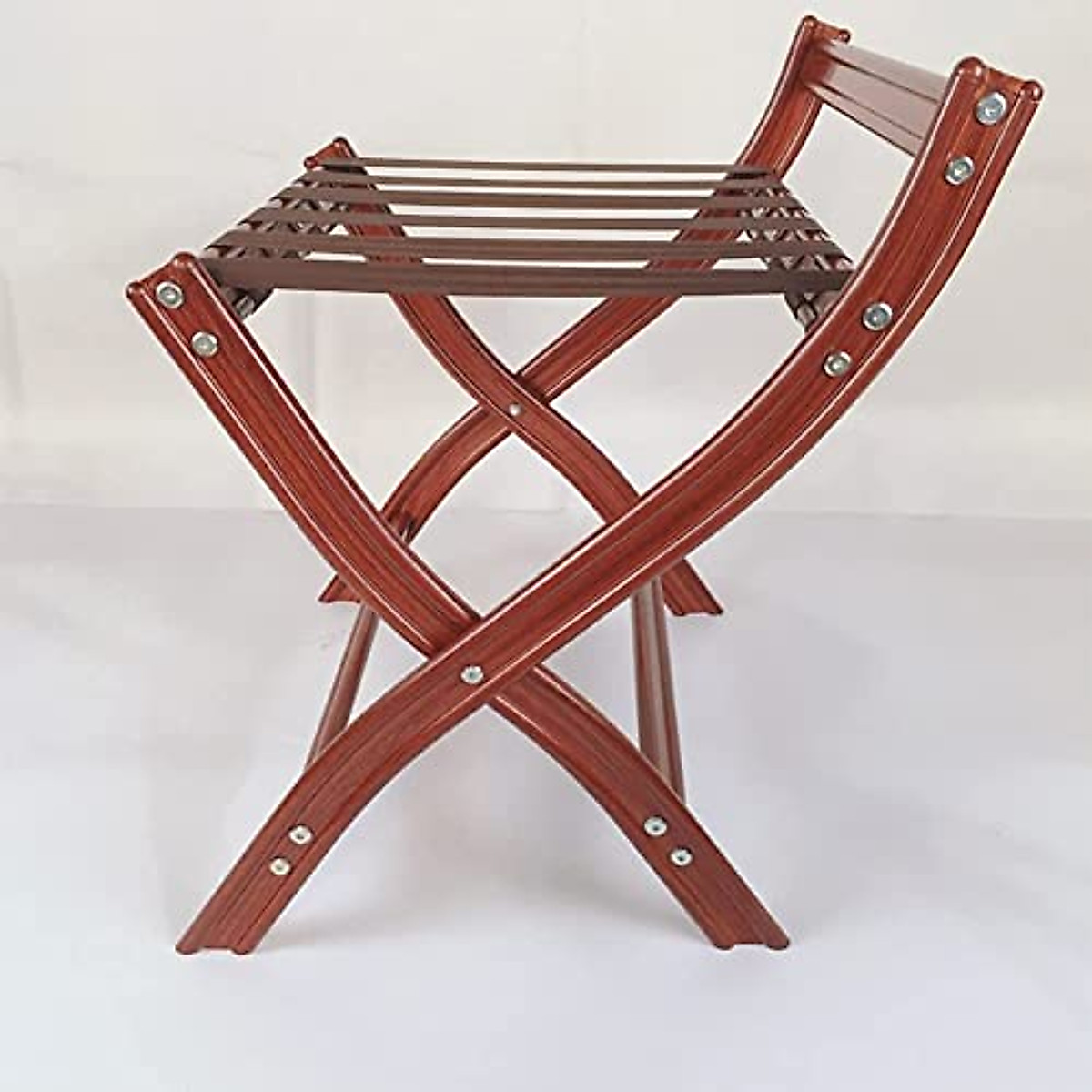 Guest Room Luggage Rack, Folding Suitcase Stand Folding Luggage Rack， Curve Leg Luggage Rack Metal Suitcase Luggage Stand with 6 Straps for Bedroom, Guest Room, Hotel (Color : Brown-A, Size : 59x44x49