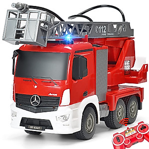 Benz Licensed Remote Control Fire Truck, RC Fire Truck Toy, Rechargeable Construction Truck Toys with Alarm Lights, Hose, Working Water Pump and Rotating Rescue Ladder Fire Truck Toys Gift for Kids