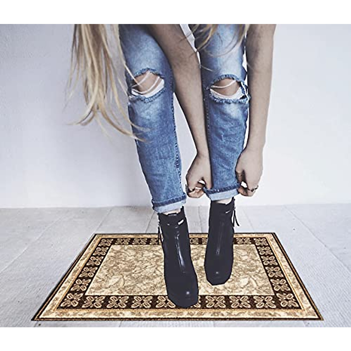 Stair Treads Non-Slip Landing Mat- Skid Resistant Rubber Back Landing Rug - Beautiful Design Landing Mat for Bottom of Stairs - Floormat - Doormat (20" x 30") Mixed Beige Floral