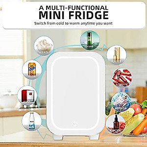 Cegsin Mini Fridge, 6 Liter/8 Cans Small Skincare Fridge with LED Mirror Door, AC/DC Portable Mini Refrigerator for Cosmetic & Makeup, Plug In Cooler and Warmer for Bedroom, Dorm, Office, Car(Beige)